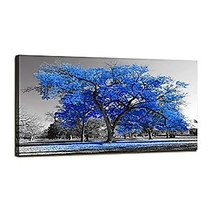 Wall Art Painting Contemporary Blue Tree in Black and White Style Fall Landscape Picture Modern Giclee Stretched and Framed Artwork