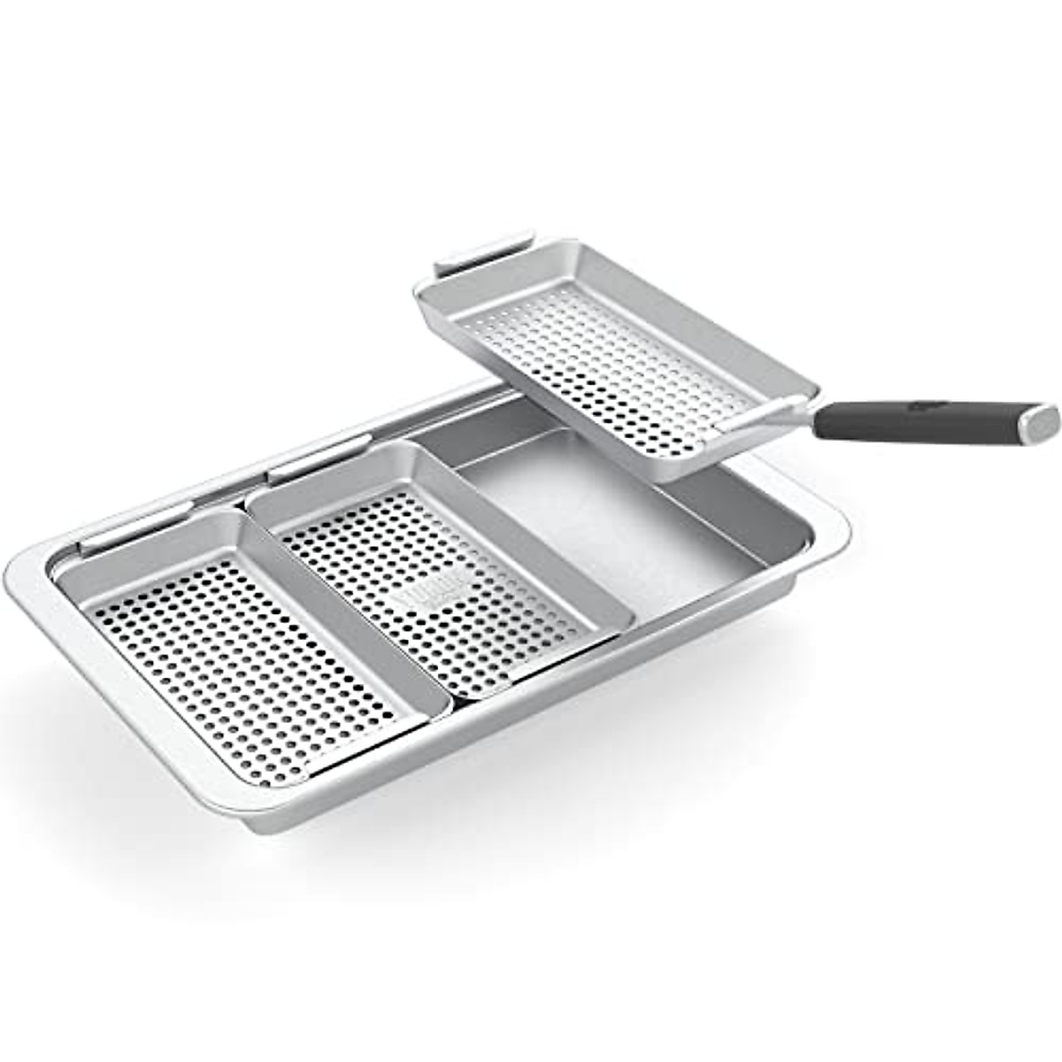 Yukon Glory BBQ 'N SERVE Grill Basket Set - Includes 3 Grilling Baskets a Serving Tray & Clip-on Handle - Patent Grill to Table Design Perfect For Grilling Fish Veggies & Meats