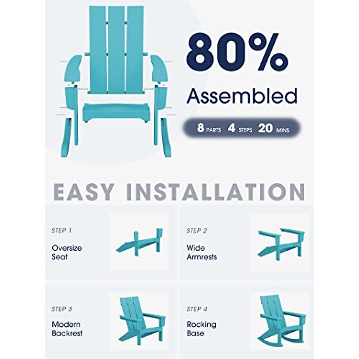 KINGYES Rocking Adirondack Chair ｜Modern Porch Rocker｜Weather Resistant Rocking Chair｜HDPE Curved Backrest Plastic Adirondack Rocker for Outdoor, Patio, Deck, Backyard - Tiffany