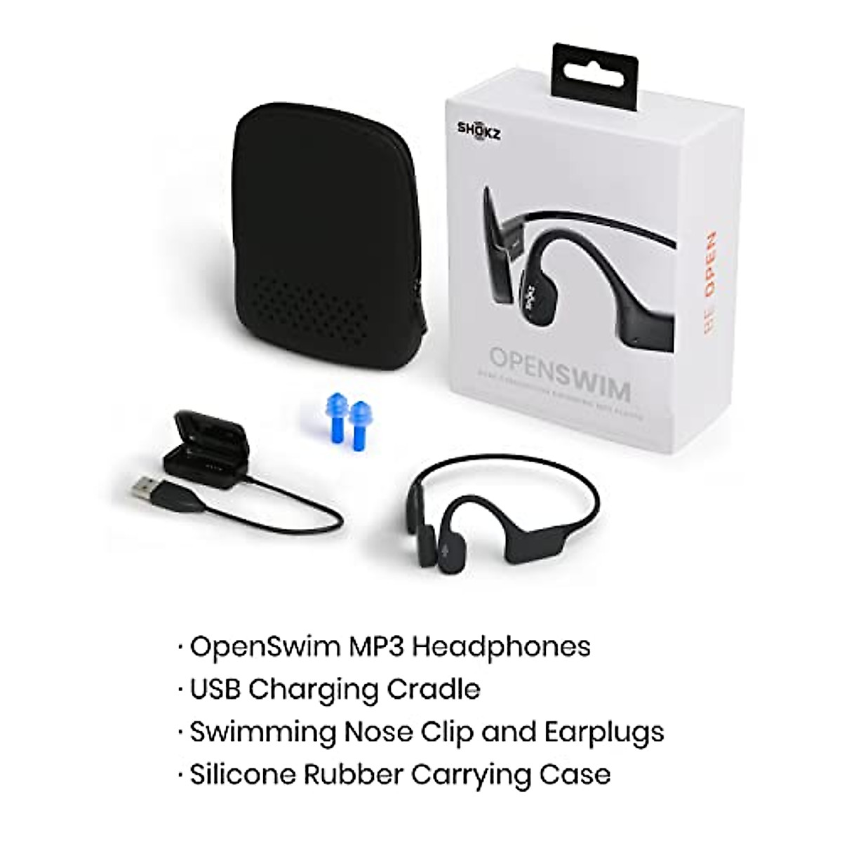 SHOKZ OpenSwim Swimming MP3 - Bone Conduction MP3 Waterproof Headphones for Swimming - Open-Ear Wireless Headphones, No Bluetooth, with Nose Clip and Earplug (Black)