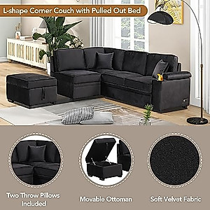 Eafurn 87.4" L Shaped Convertible Sectional Pull-Out Bed, Linen Upholstery Corner Storage Ottoman and Cup Holder & Dual USB Charge, 5 Seater Sofa & Couch for Living Room, Black w/ 2 Pillows