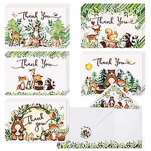 Hunanyume 50 Woodland Thank You Cards, 4×6 in Assorted Woodland Creatures Thank You Note Cards with Envelopes & Stickers, Bulk Cute Forest Animals Cards for Baby Shower and Kids Birthday