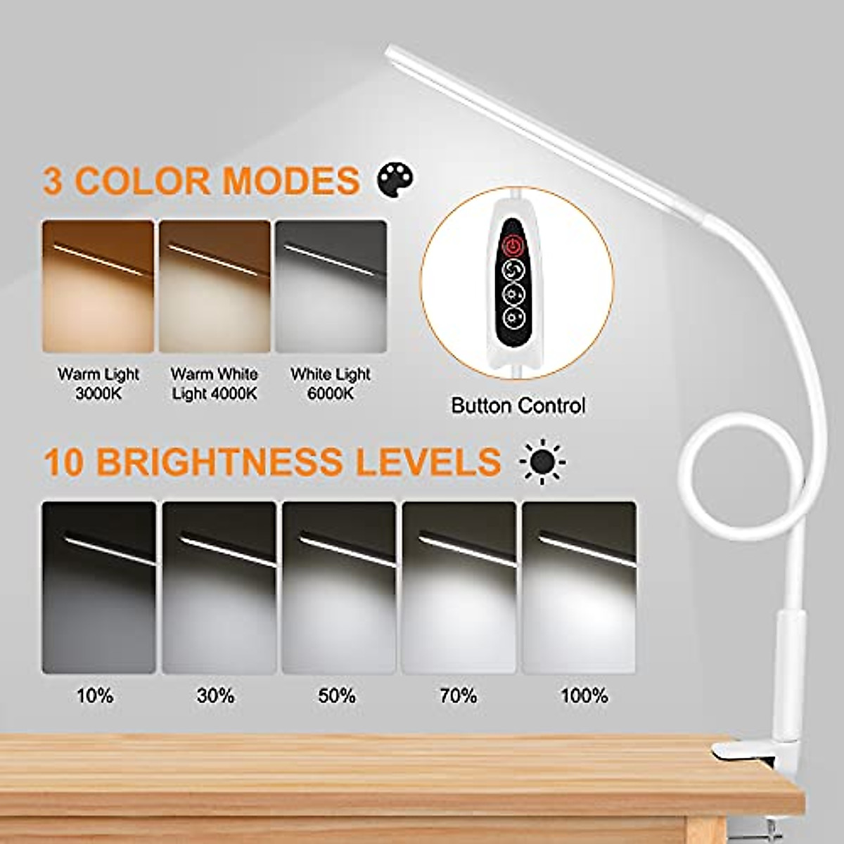 LED Desk Lamp, YOTUTUN Swing Arm Table Lamp with Clamp, Flexible Gooseneck Task Lamp, Eye-Caring Architect Desk Light, 3 Modes 10 Brightness Levels, Memory Function Desk Lamps for Home Office, 10W