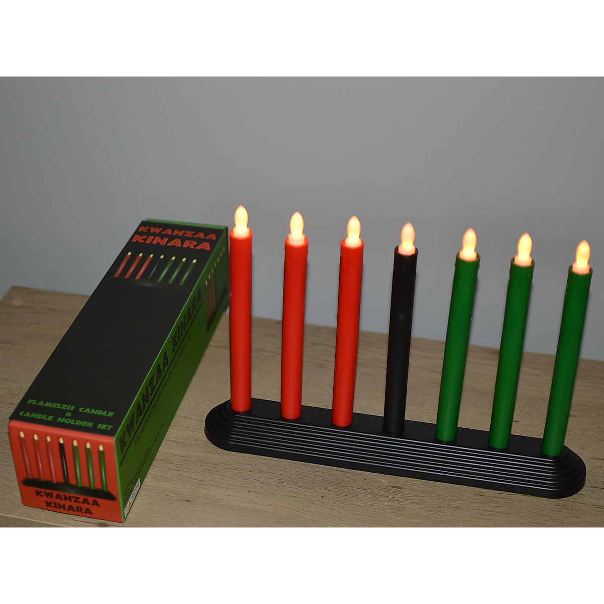 Kwanzaa Kinara Candle Holder Set with Flameless Battery Powered Electric Candles