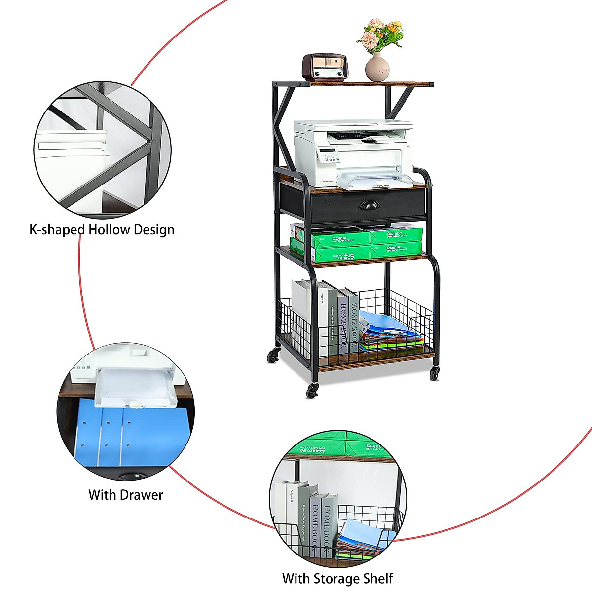 Zuyachuza 4 Tier Mobile Printer Stand with Drawer, 4-Shelf Printer Table with Wheels and Storage, Printer Cart with Storage Shelves for Home Office