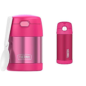 THERMOS FUNTAINER 10 Ounce Stainless Steel Vacuum Insulated Kids Food Jar with Folding Spoon, Pink & FUNTAINER 12 Ounce Stainless Steel Vacuum Insulated Kids Straw Bottle, Pink