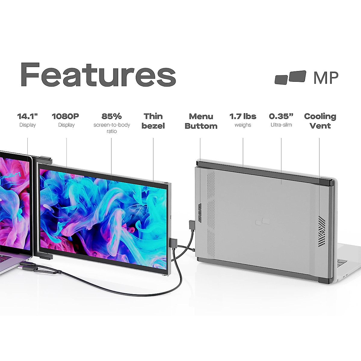 Duex Max Grey Portable Monitor with Adhesive, New Mobile Pixels 14.1" Full HD 1080P IPS Auto Rotated Laptop Screen Extender, USB A/Type-C USB Powered Plug and Play (1 Max Grey and 12* Adhesive)