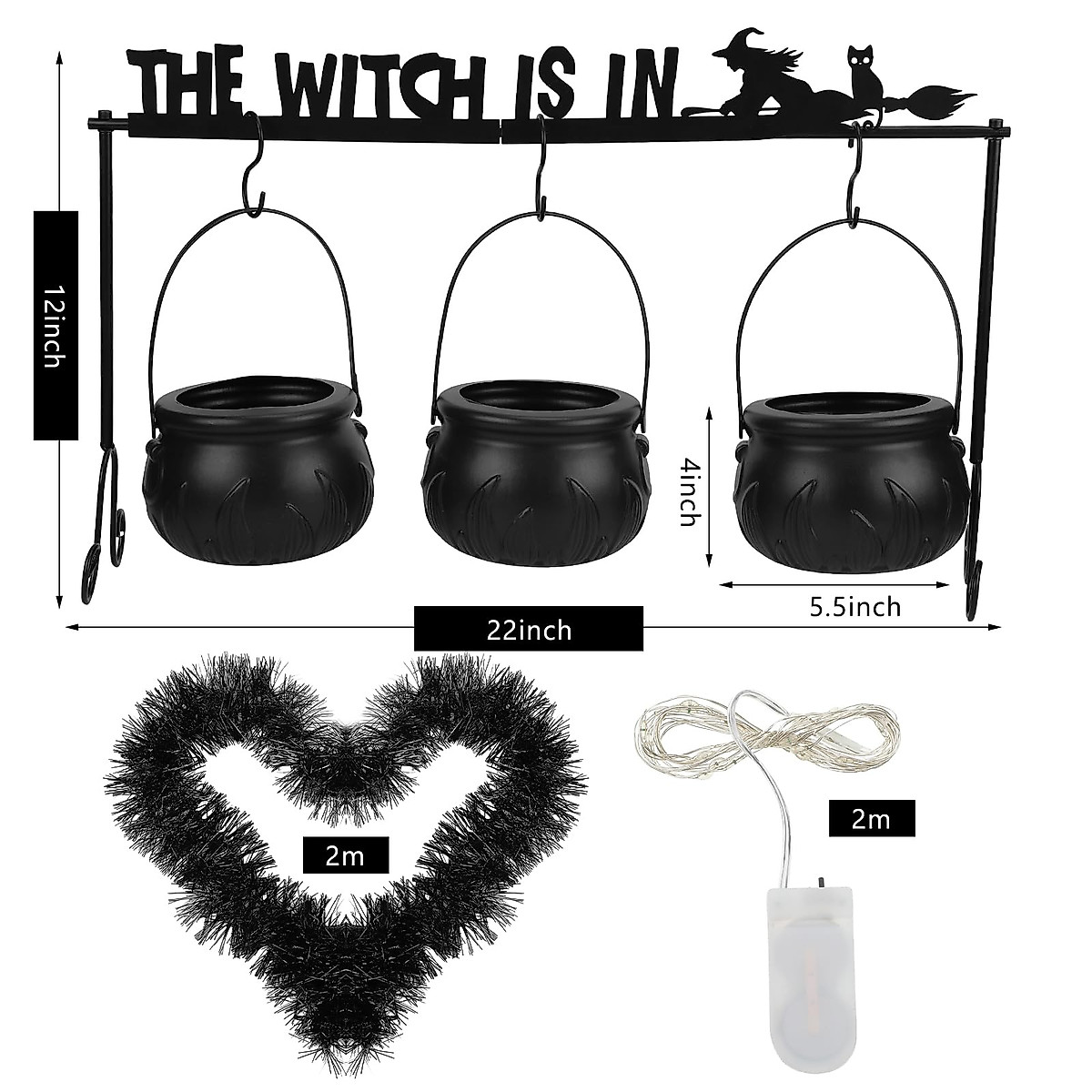 Halloween Witch Cauldron Candy Serving Bowl Halloween Punch Bowl Lighting Party Decorations for Table Kitchen Indoor Outdoor Halloween Candy Holder with Iron Rack and Garland Spiders
