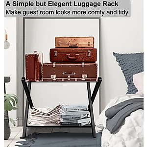 Fandature Folding Luggage Rack for Guest Room, Metal Foldable Suitcase Stand Holder with Metal Shelf for Bedroom, Black, 1 pack