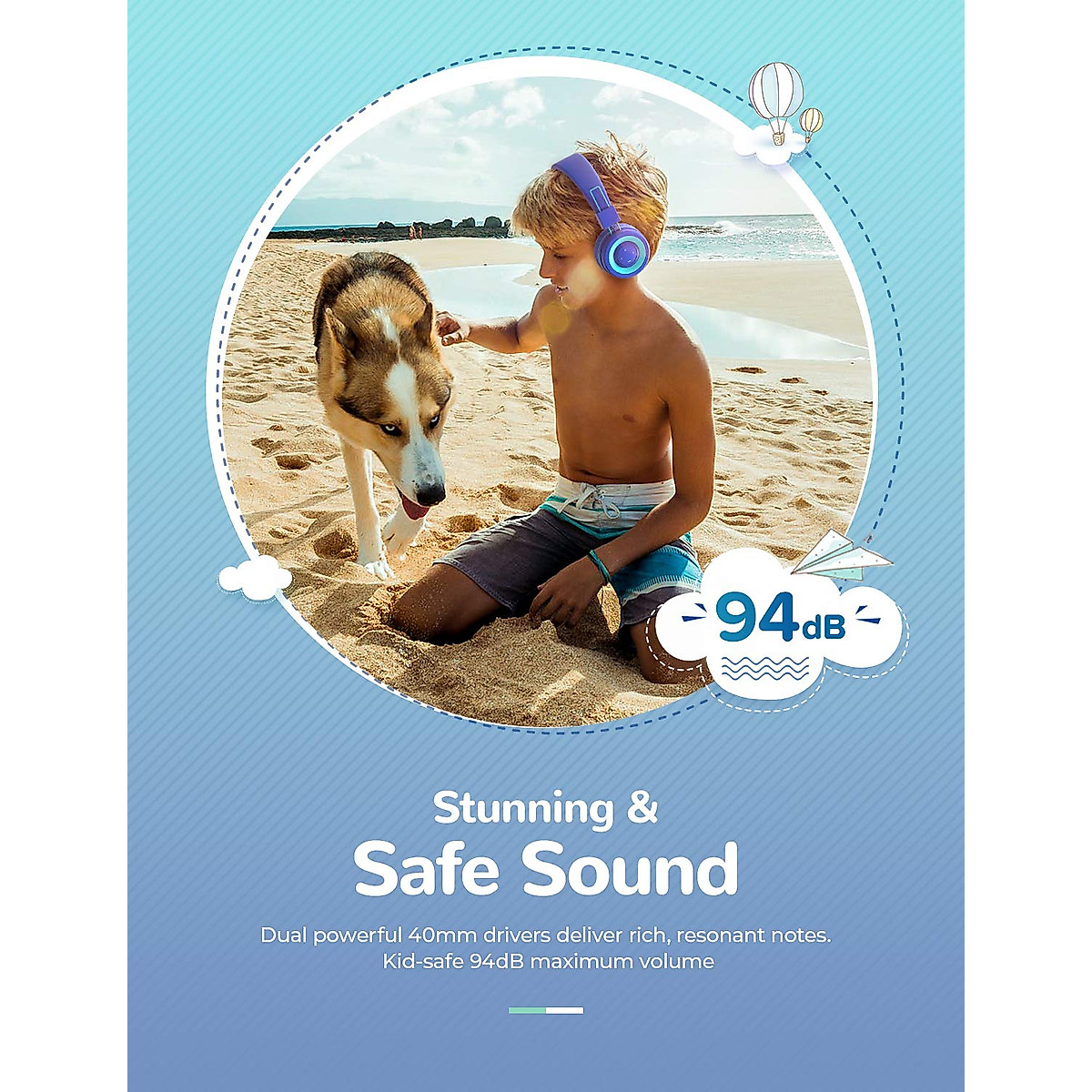 iClever Kids Bluetooth Headphones, BTH02 Kids Headphones with MIC, 22H Playtime, Bluetooth 5.0 & Stereo Sound, Foldable, Adjustable Headband, Childrens Headphones for iPad Tablet School (Blue)