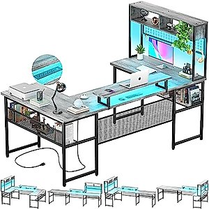 Unikito U Shaped Computer Desks with Hutch, 106 Inch Large Reversible L Shaped Office Desk with Power Outlets and LED Strip, U Shape Gaming Table with Monitor Stand and Storage Shelves, White Oak