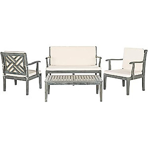 SAFAVIEH Outdoor Living Collection Bradbury 4-Piece Outdoor Living Set, Natural/Beige, Chair: 25.6" x 24.8" x 31.9" Bench: 48.4" x 24.8"