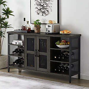 Tiophome Industrial Bar, Liquor Storage Credenza, Farmhouse Wood Coffee Cabinets with Wine Racks & Stemware Holder, Metal Sideboard and Buffet (55.12''W, Dark Grey)