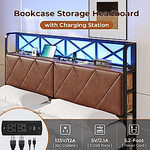 DICTAC King LED Bed Frame with Hidden Storage Headboard, Brown Leather Upholstered Bed Frame with 2 Drawers, Metal Platform King Led Headboard with Charging Station