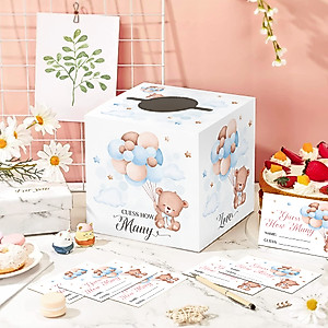 Azbuk Blue balloons Bear Baby Shower Game Cards with Box, Guess How Many, Baby Shower Game with Box and 50 Guessing Cards, Baby Shower Decorations for Boy and Girl