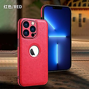 SunRemex Logo Visible for iPhone 13 Pro Max Case with Tempered Glass Screen Protector, Non-Slip Grip Vegan Leather Classic Luxury Elegant Thin Cover for iPhone 13 Pro Max (6.7") (Red)