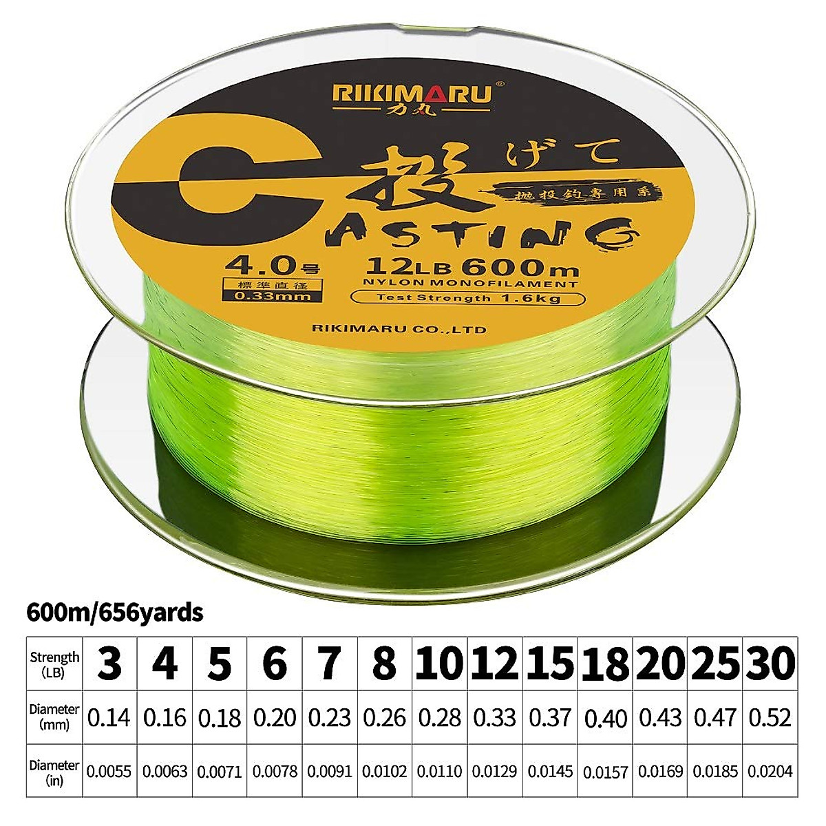RIKIMARU Monofilament Fishing Line (Fluo-Yellow, 3LB-660Yds)