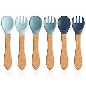 R HORSE 6Pcs Silicone Baby Forks and Spoon Set with Beech Handle Blue Silicone Baby Feeding Set BPA-Free Baby Training Utensils Set Soft Tip Infant Spoons for Toddlers Boy Girl