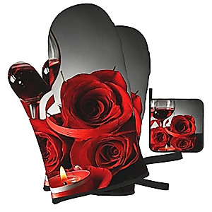 YILEQUAN Red Rose Wine Glass and Candle Print Oven Mitts Pot Holders Sets,Kitchen Glove High Heat Resistant 500 Degree Potholder,Surface Safe for Baking, Cooking, BBQ,Pack of 3