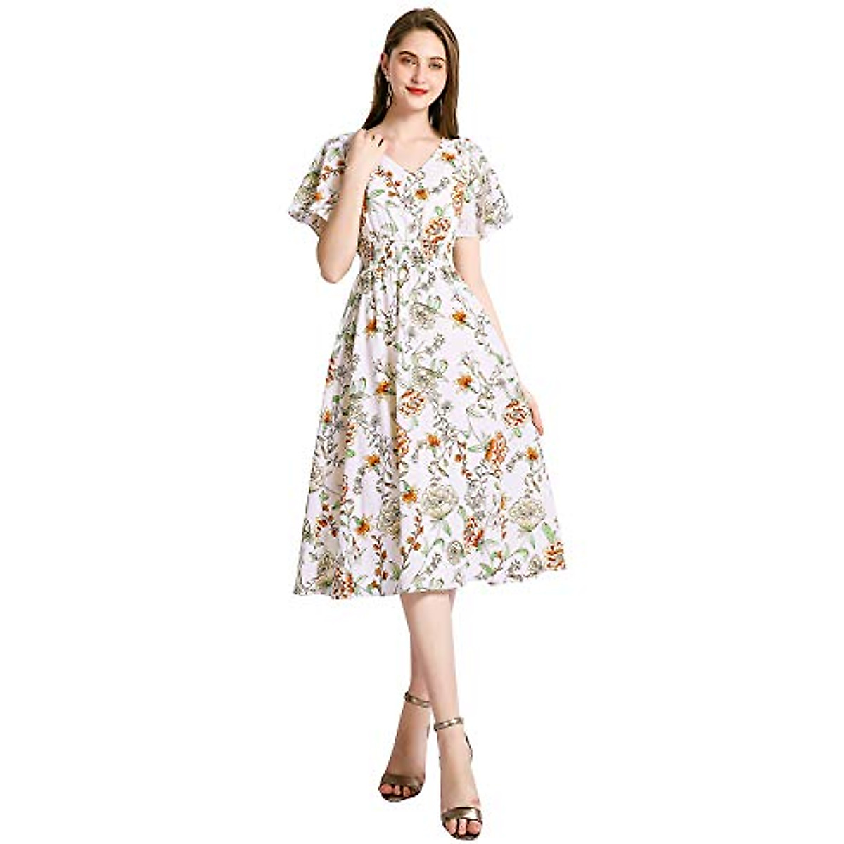 Chiffon Floral Summer Sun Beach Dresses for Women 2023 with V Neck Elastic Waist White Flower M