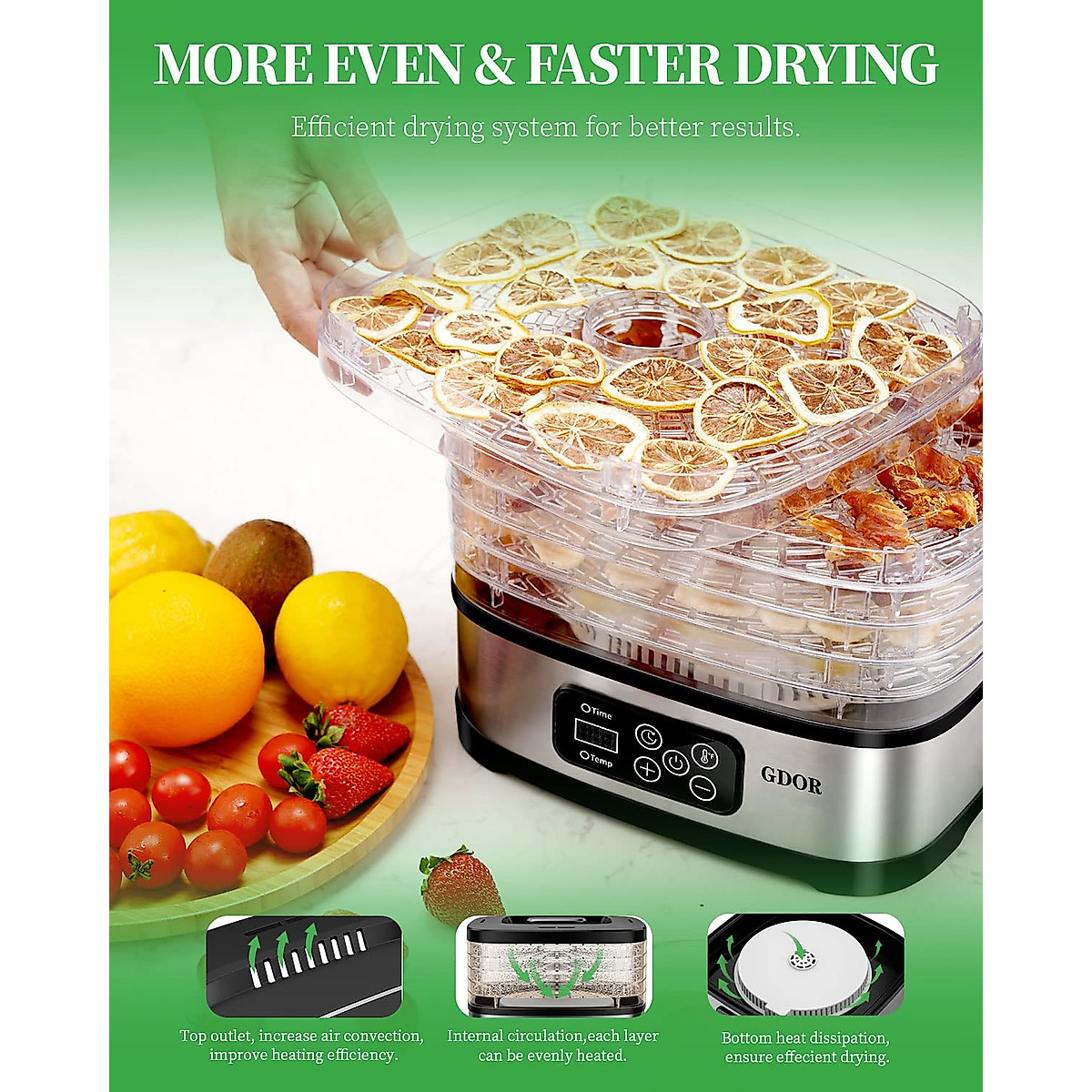 GDOR Food Dehydrator Machine with Adjustable Temperature & 72H Timer, 5-Tray Dehydrators for Food and Jerky, Fruit, Dog Treats, Herbs, Snacks, LED Display, 240W Electric Food Dryer with Recipe Book