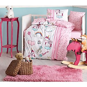 OZINCI 100% Cotton Unicorn Nursery Baby Bedding, Toddlers Crib Bedding for Baby Girls, Duvet Cover Set, Pink
