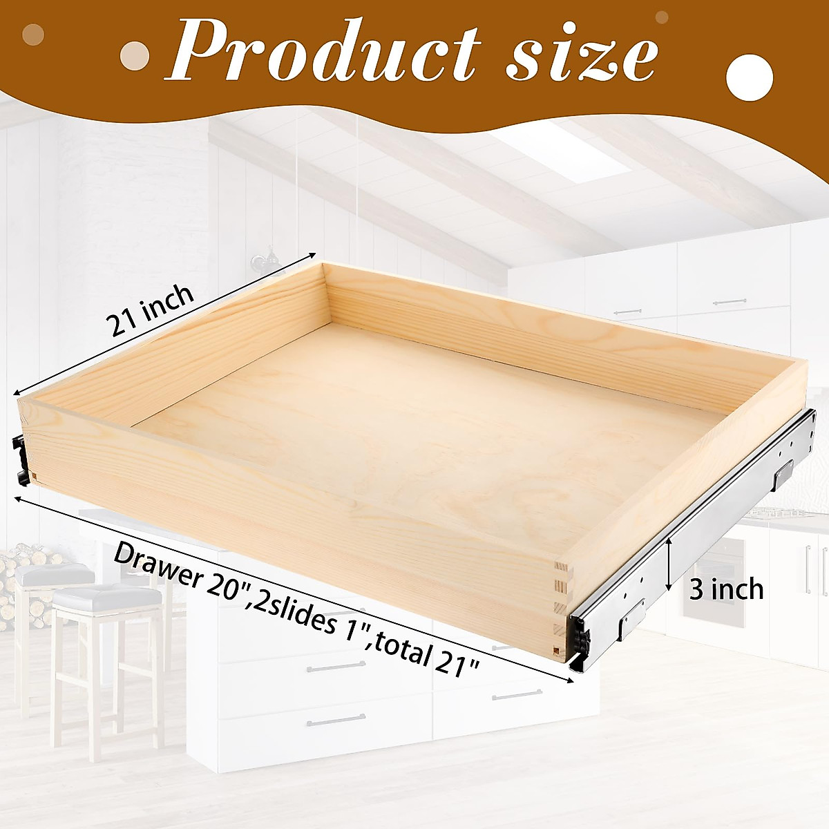 Barydat 3 Pcs Pull out Cabinet Organizer Wooden Drawer Box Organizer Roll out Shelves for Kitchen Cabinets Sliding Tray Organizer Kitchen Organization Storage Drawer for Pantry Sink, 20'' W x 21'' L