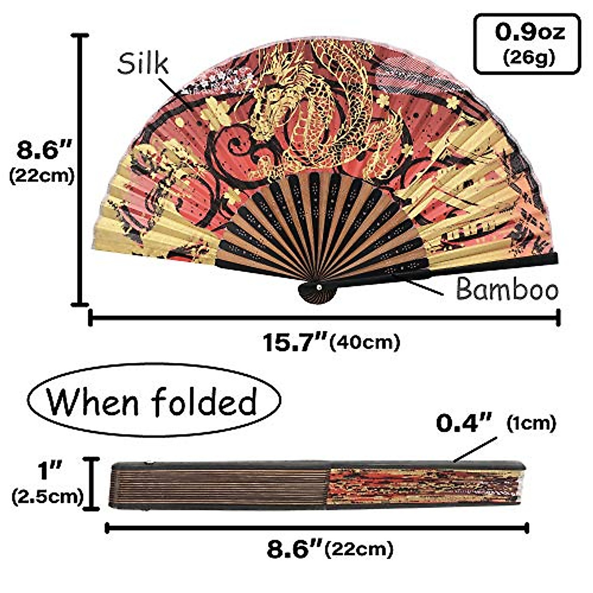 Terra Distribution Folding Fan [Japan Import] Hand Fans for Women Foldable, Japanese Fan, Unique Design, Handmade Bamboo, Silk Fan, 8.6" (22cm), Abanicos de Mano (740 (Phoenix, Dragon))