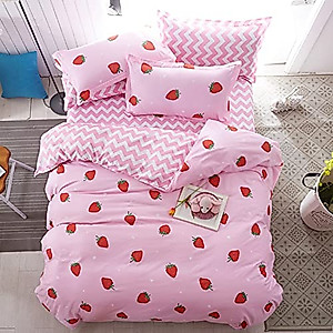 HALOZI Duvet Cover Set Full Size Strawberry Pink Stripes Reversible Luxury Soft Bedding Set Comforter Cover with Zipper Closure and Corner Ties (1 Duvet Cover+2 Pillowcases)(Full（80X90） inch)