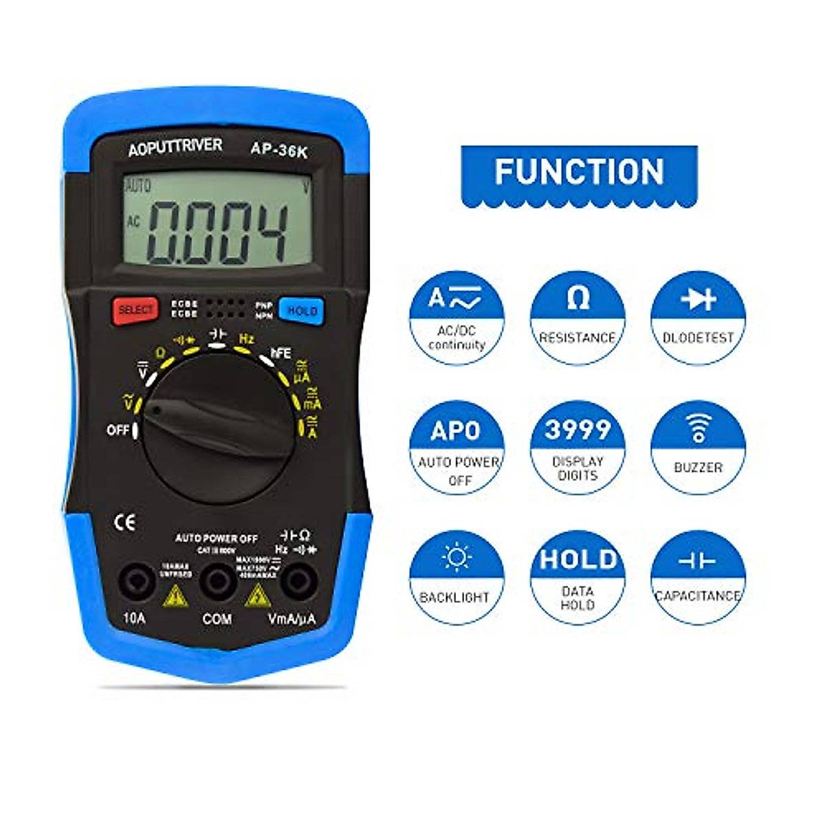Digital Multimeter AP-36K 4000 Counts multimeter for Voltmeter Ammeter Ohmmeter with Test Leads Data Hold and Backlight LCD for DC/AC Resistance Diodes Transistor Buzzer Continuity