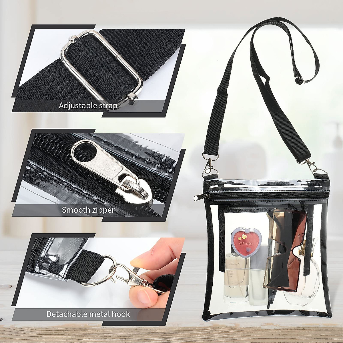 3 Pcs Clear Backpack Stadium Approved Transparent Backpack Clear Tote Bag with Zipper See Through PVC Messenger Handbag Stadium Approved Purse Transparent Crossbody Bags with Adjustable Strap for Work