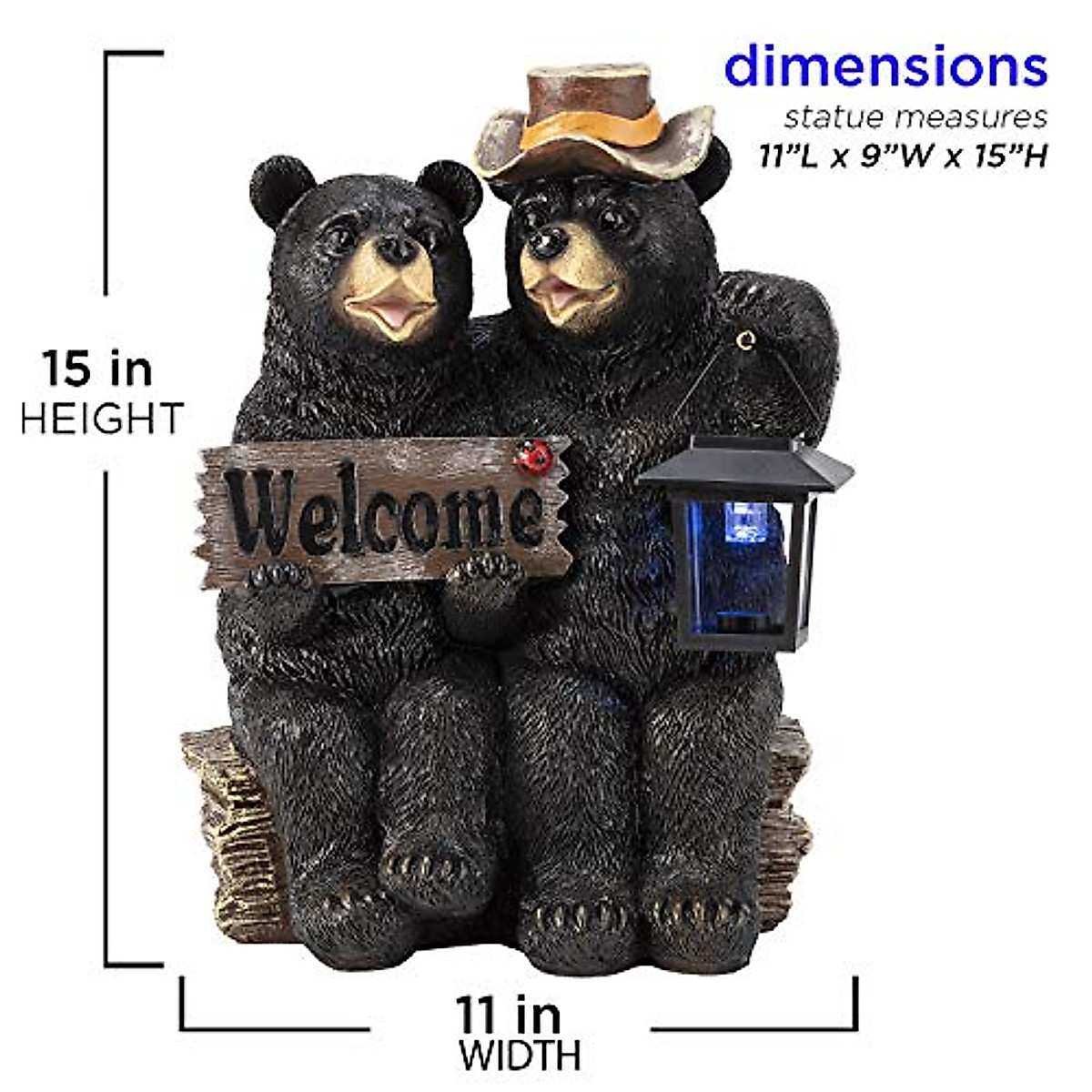 Alpine Corporation 15" Tall Outdoor Bear Couple with Lantern and Welcome Sign Statue with Solar LED Light Yard Art Decoration