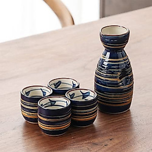 5 Pieces Sake Set 200ml Sake Pot 50ml Sake Cup Set Japanese Traditional Hand Painted Design Porcelain Pottery Ceramic Cups Crafts Wine Glasses (Blue Wise)