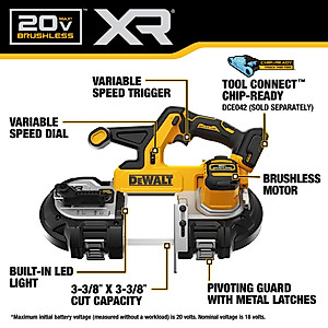 DEWALT 20V MAX XR Bandsaw, Brushless Motor, Portable and Cordless, 3-3/8 Inch Cut Capacity, Bare Tool Only (DCS378B)