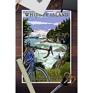 Lantern Press Whidbey Island, Washington, Coastal Scene, Bike and Ferry (12x18 Art Print, Travel Poster Wall Decor)