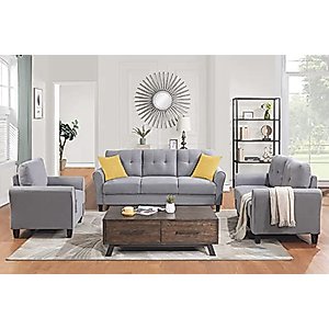 Harper & Bright Designs 3-Piece Living Room Sectional Sofa Set, Modern Style Linen Upholstered Armchair Loveseat Sofa and 3-Seat Sofa Set Sectional Couch, Light Grey-Blue