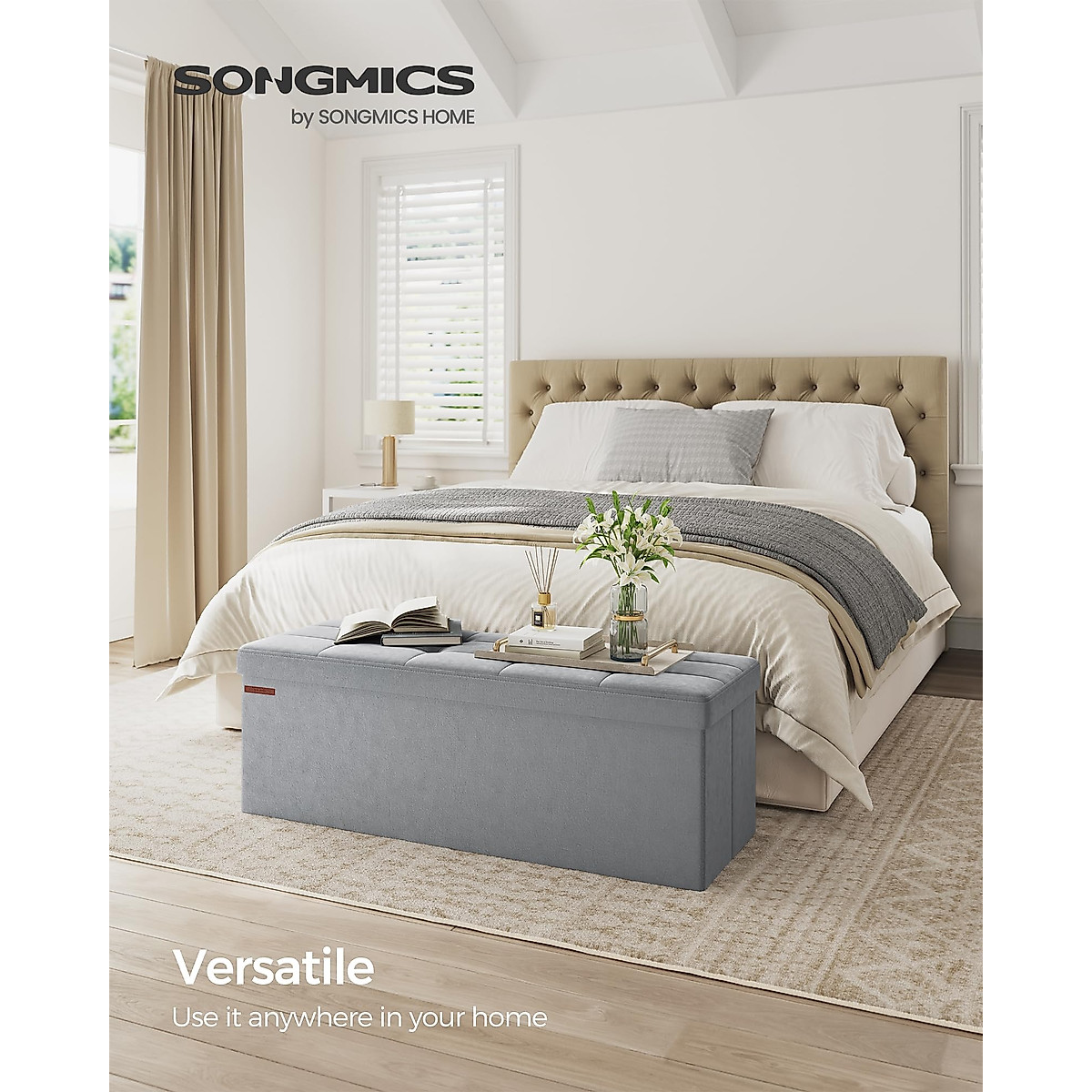 SONGMICS Storage Ottoman Bench, Foldable Ottoman Foot Rest, 15 x 43 x 15 Inches, End of Bed Bench, Storage Chest, Load up to 660 lb, for Living Room, Bedroom, Entryway, Dove Gray ULSF277G02