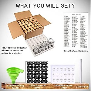 DIMBRAH Spice Jars with Label-4oz 36Pcs, Glass Spice Jars with Bamboo Lids, Container Set with White Printed Labels,Kitchen Empty Jars with Shaker Lids