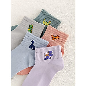 Verdusa Women's 5 Pairs Cute Embriodery Toe seamed Soft Crew Socks 5 Packs Dinosaur A one-size