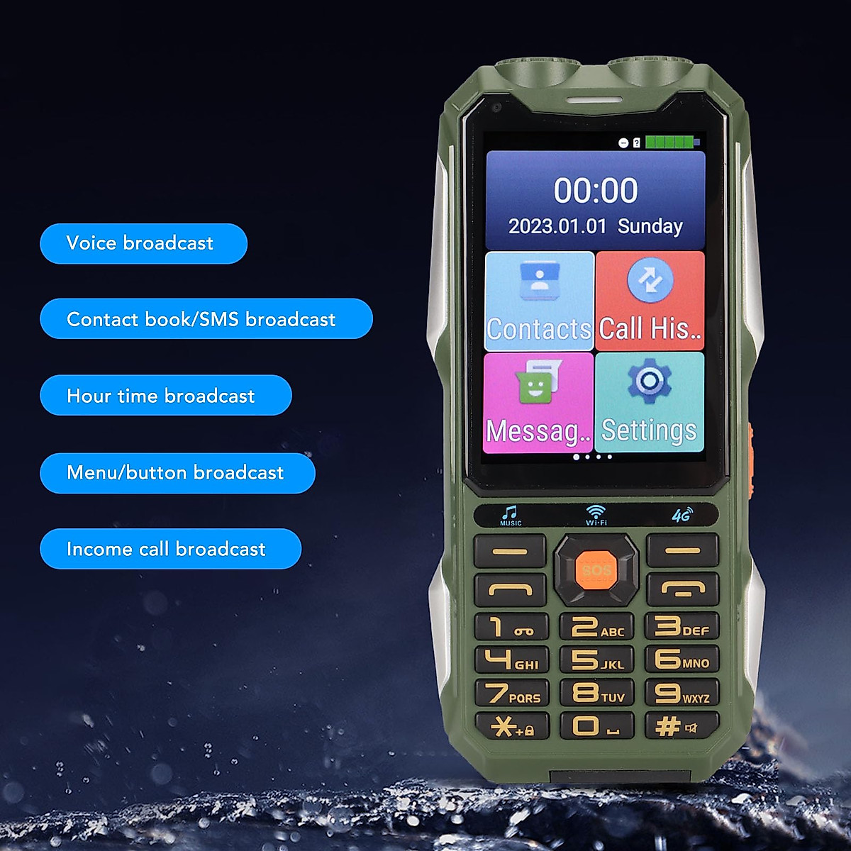 GOWENIC Rugged Senior Cellphone, 4G 4in Touch Screen, Large Button, 18000mAh Battery, LED Flashlight, Loud Sound, Quick Dial Phone,7.0, Extended Standby Time (Green)