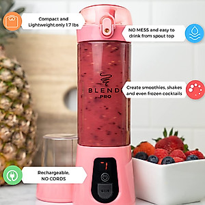 Blendi Pro Plus Premium Cordless Portable 17.5oz Rechargeable Blender - Crush Ice, Fruit & Blend Sports Powders in Seconds - Stainless Steel Blades w/High Powered 120W Motor - Gym, Tailgates (Pink)