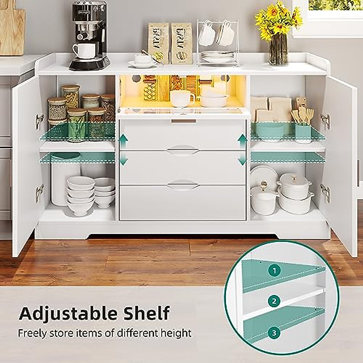 YITAHOME Sideboard Buffet, Modern Buffet Cabinet Storage Cabinet with LED Lights, Freestanding Pantry Coffee Bar Cabinet 300 Ibs Capacity for Hallway, Entryway, Kitchen or Living Room, White