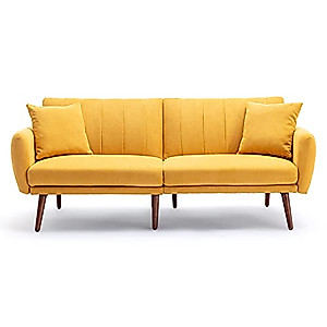 Vicluke Convertible Futon Sofa Bed, Modern Linen Split-Back Folding Sleeper Sofa Couches with Adjustable Backrest, Armrest, Wooden Frame & Leg for Living Room,Apartment,Christmas Decor(Yellow)