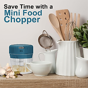 Real Simple Electric Mini Food Processor | Great for Garlic, Onion, Ginger, Jalapeño, Mini Chopper for Quick Food Prep Station | Portable USB Charging, 250 ML Food Container | Blue