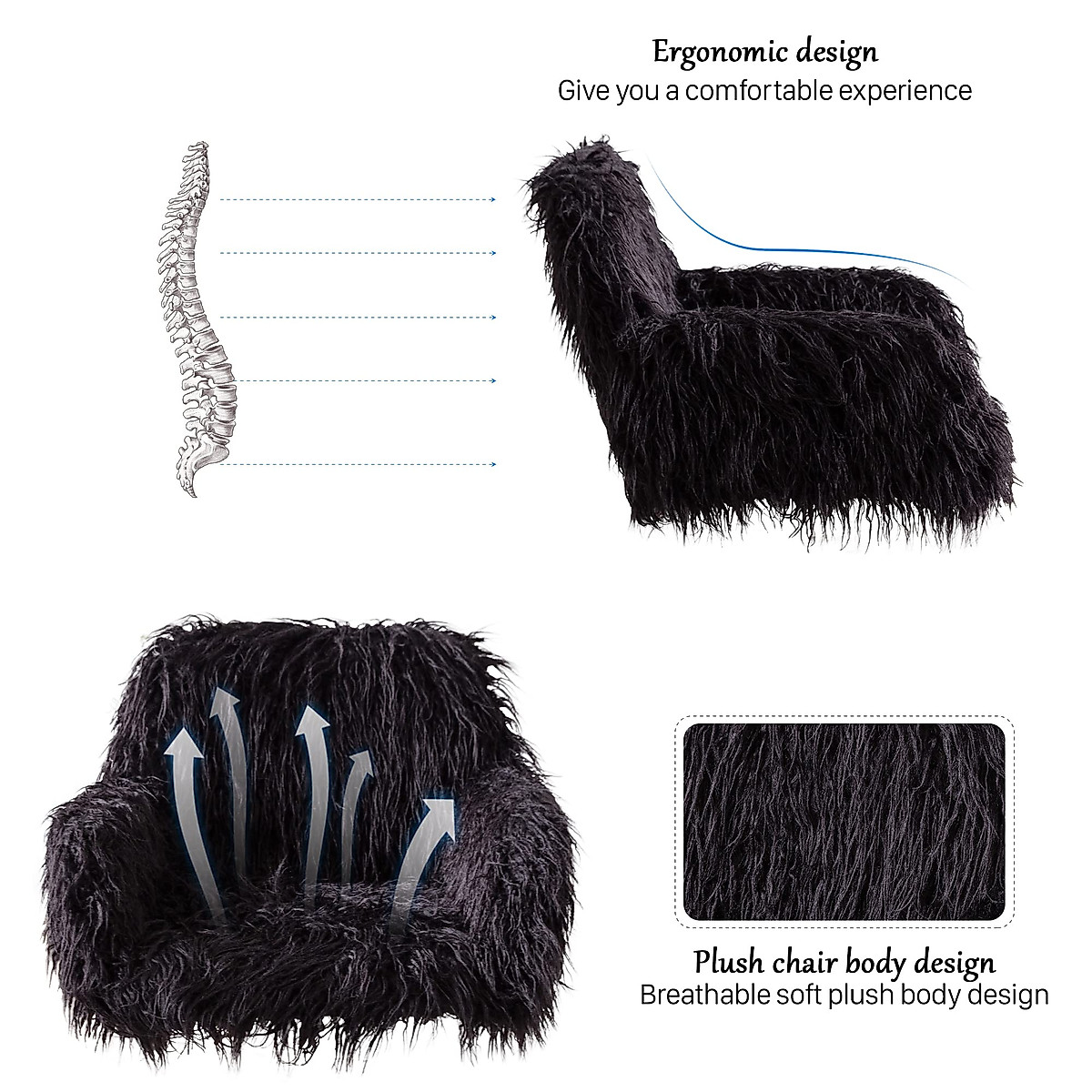 KCC Fluffy Office Desk Chair, Faux Fur Modern Swivel Armchair with Wheels, Soft Comfy Fuzzy Elegant Accent Makeup Vanity Chairs for Women Girls, Home Living Dressing Room Bedroom, Black