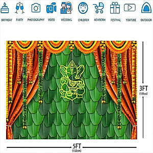 Ticuenicoa 5x3ft India Pooja Traditional Photography Backdrop Banana Leaf Green Chatiya Ganesh Background Puja Ganpati Pooja Mehndi backdrops Decorations Wedding Party Marigold Garlands Photo Props