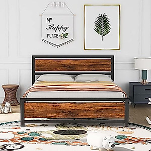 GERDIOEB Twin Size Wood Platform Bed Frame with Headboard, Classic Platform Bed with Footboard/Strong Wood Slat/Under Storage Space for Bedroom Girls, No Box Spring Needed (Black, Queen)