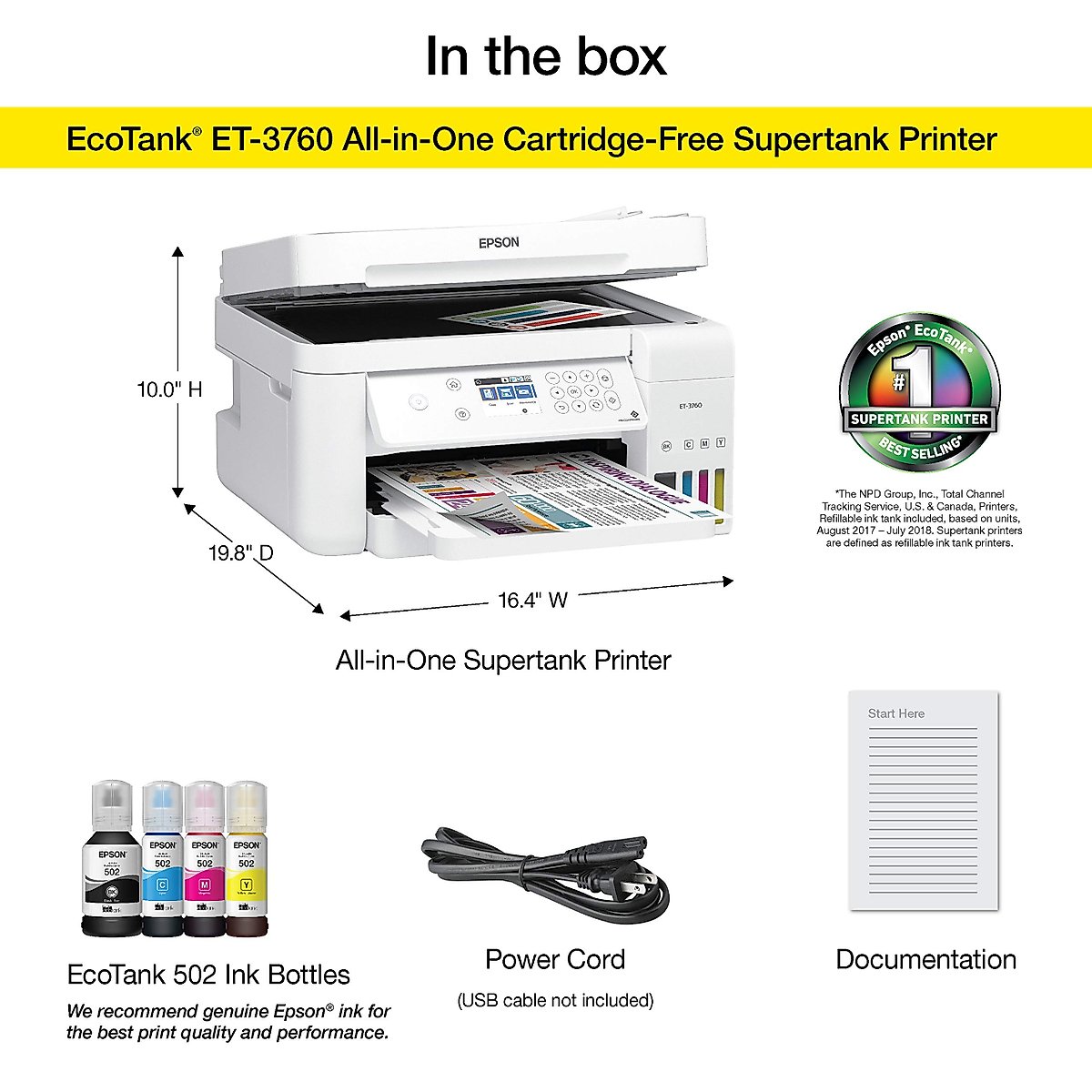 Epson EcoTank ET-3760 Wireless Color All-in-One Cartridge-Free Supertank Printer with Scanner, Copier and Ethernet, Regular (Renewed)