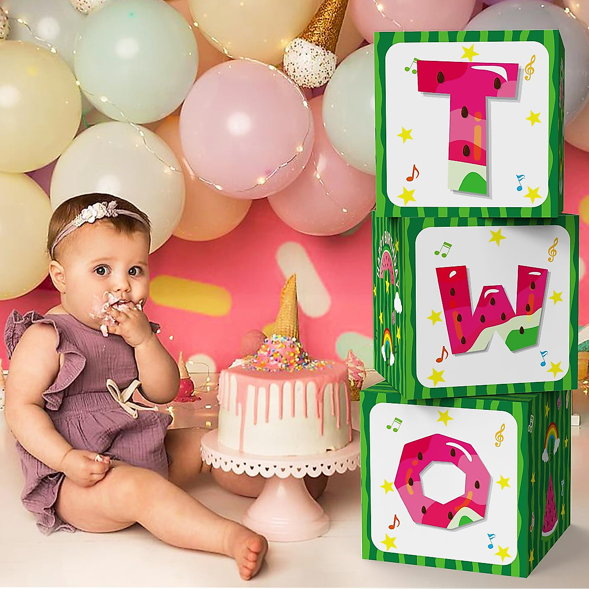 Cartoon Melon 2nd Birthday Balloon Boxes Party Supplies Decorations, 3pcs Watermelon One In A Melon Theme Party Gift Boxes Blocks Decor with TWO Cake Smash Backdrop