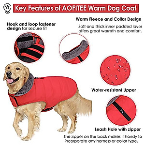 AOFITEE Dog Coat, Winter Dog Jacket Windproof Fleece Cold Weather Coats for Dogs, Warm Dog Winter Vest with Collar & Zipper Leash Hole, Outdoor Pet Apparel for Small Medium Large Dogs, Red 3XL